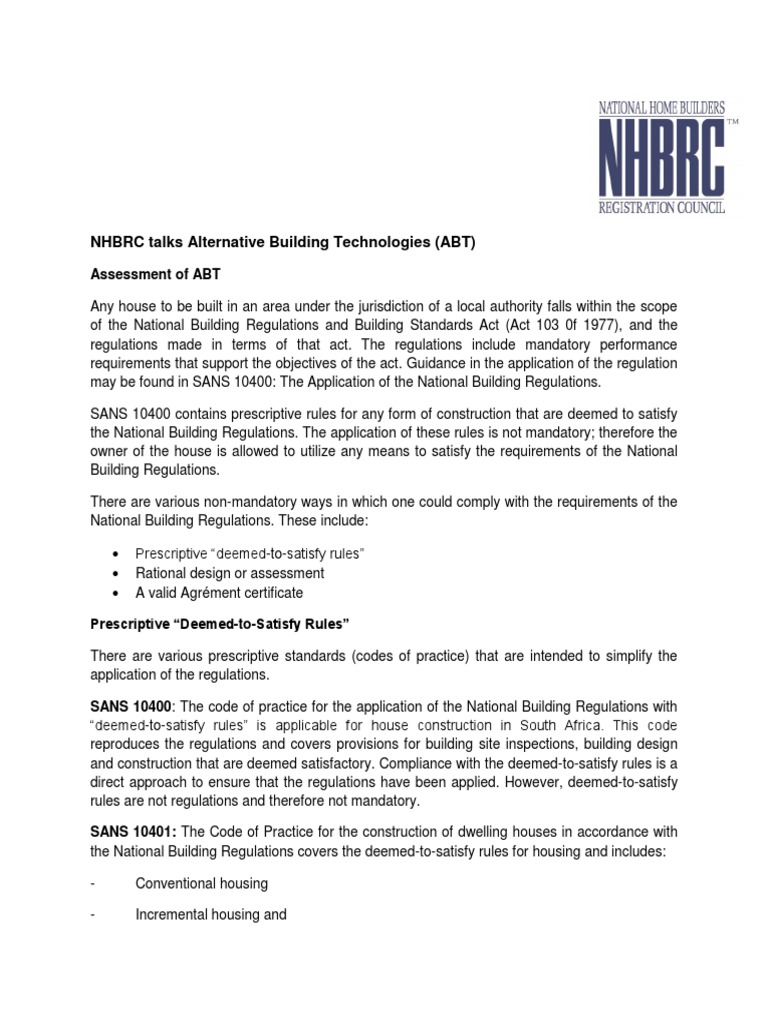 NHBRC Talks Alternative Building Technologies | PDF | Regulatory ...