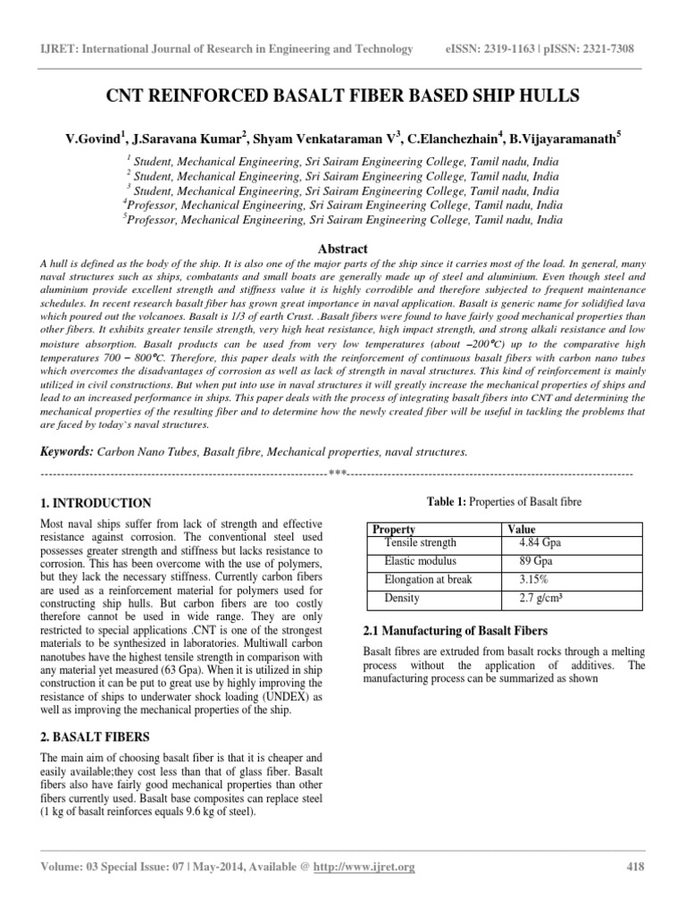 CNT Reinforced Basalt Fiber Based Ship Hulls | PDF | Composite Material ...