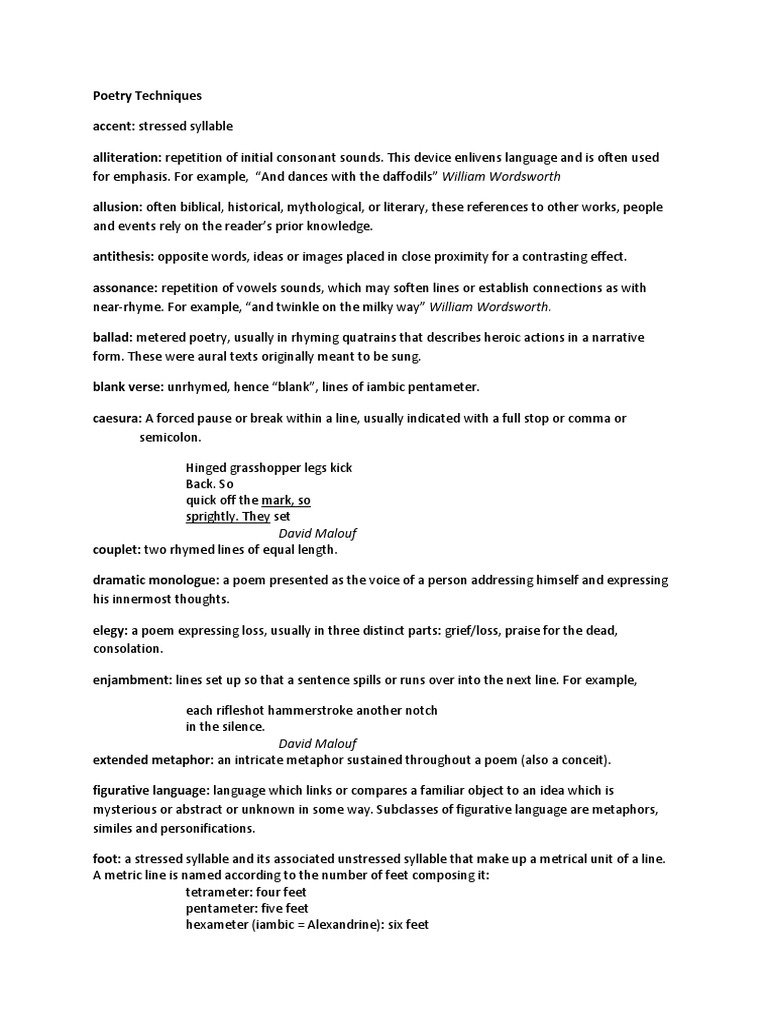 Year 10 Poetry Techniques List | PDF | Metre (Poetry) | Poetry