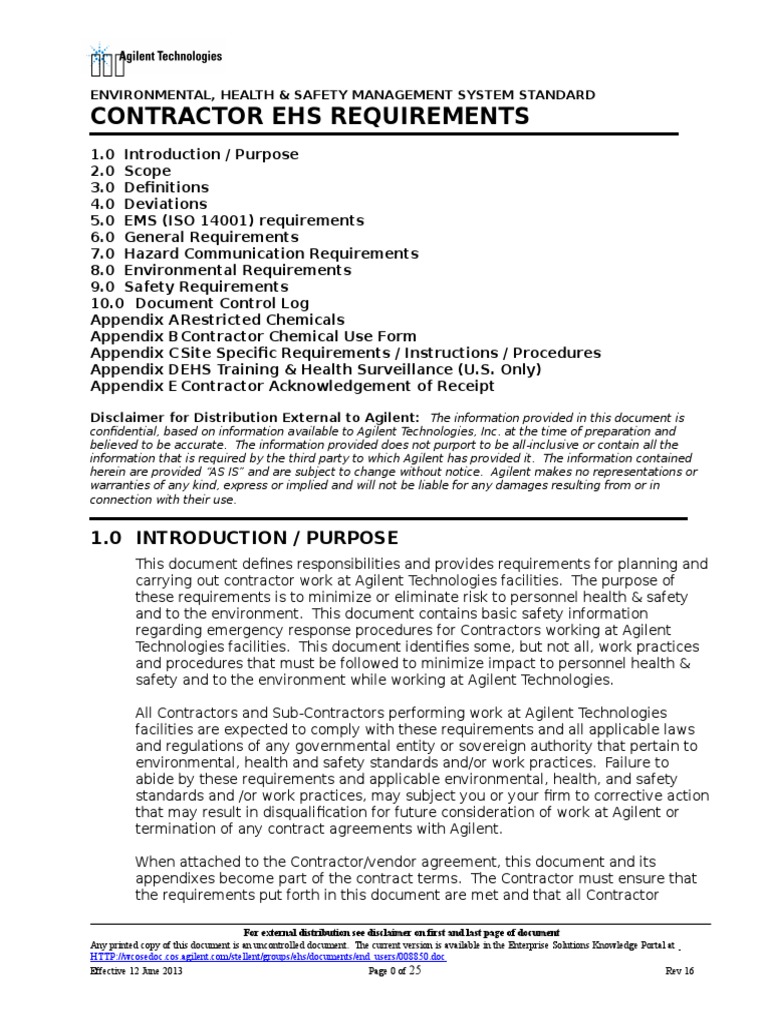Contractor EHS Requirements Standard | General Contractor | Safety