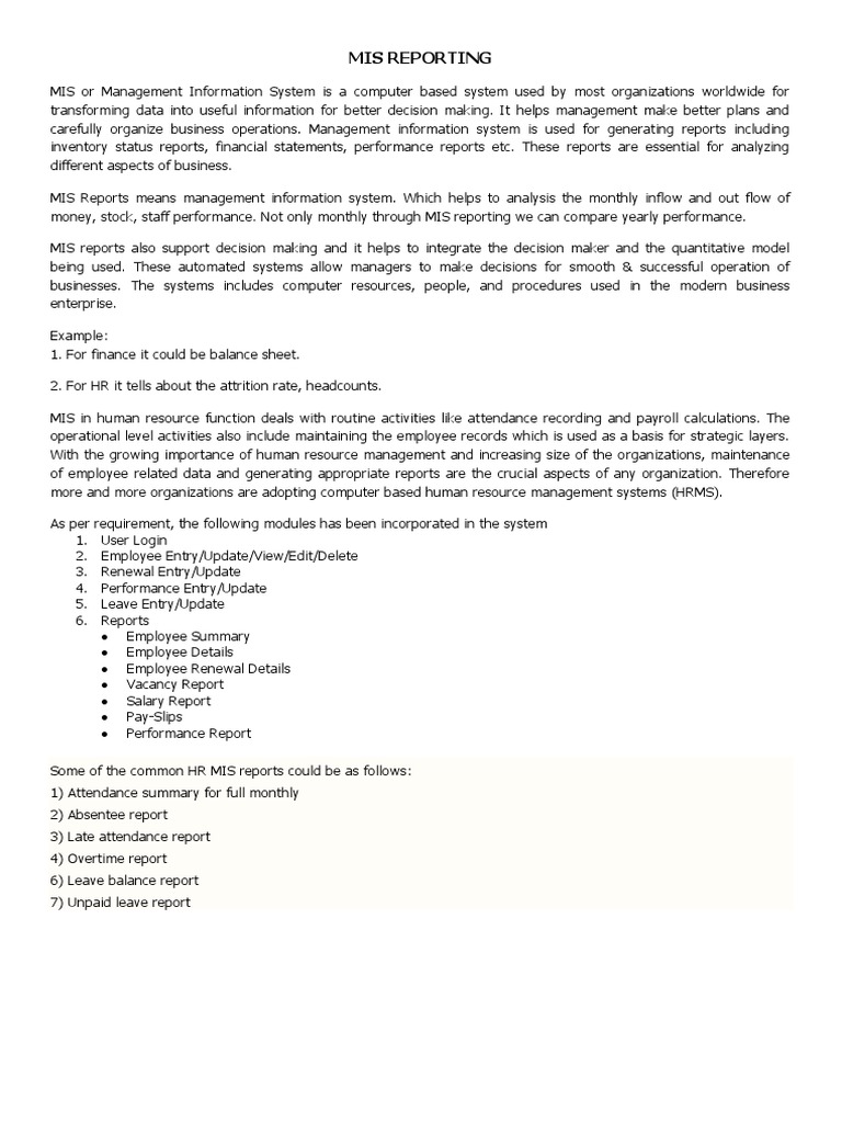 Mis Reporting | PDF | Management Information System | Accountability