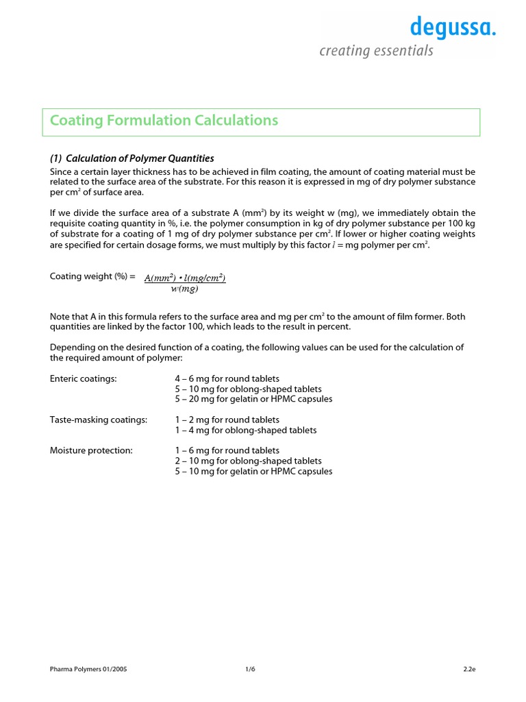2.2e Coating Formulation Calculation | PDF | Tablet (Pharmacy) | Trademark