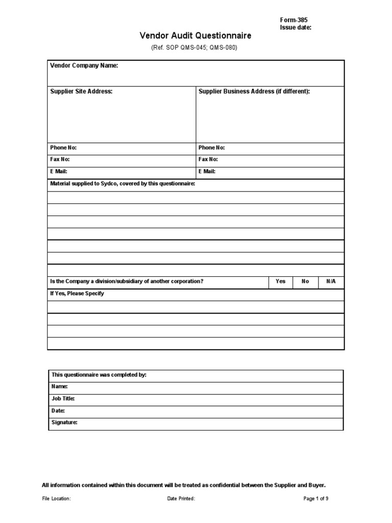 Vendor Audit Questionnaire | PDF | Specification (Technical Standard ...