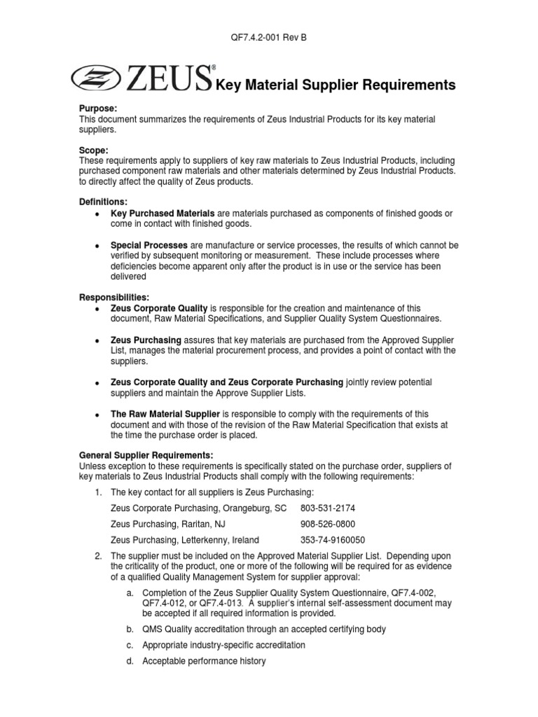 Raw Material Supplier Requirements | PDF | Supply Chain | Specification ...