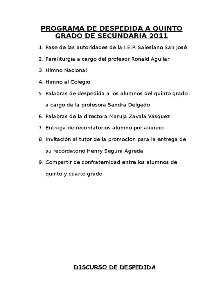Programa de Despedida A Quinto Grado de Secundaria 2011 | PDF