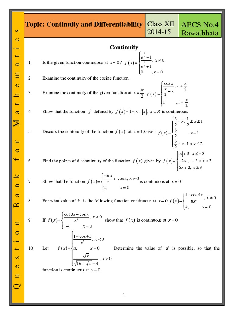 Continuity and Differentiability | PDF | Trigonometric Functions ...