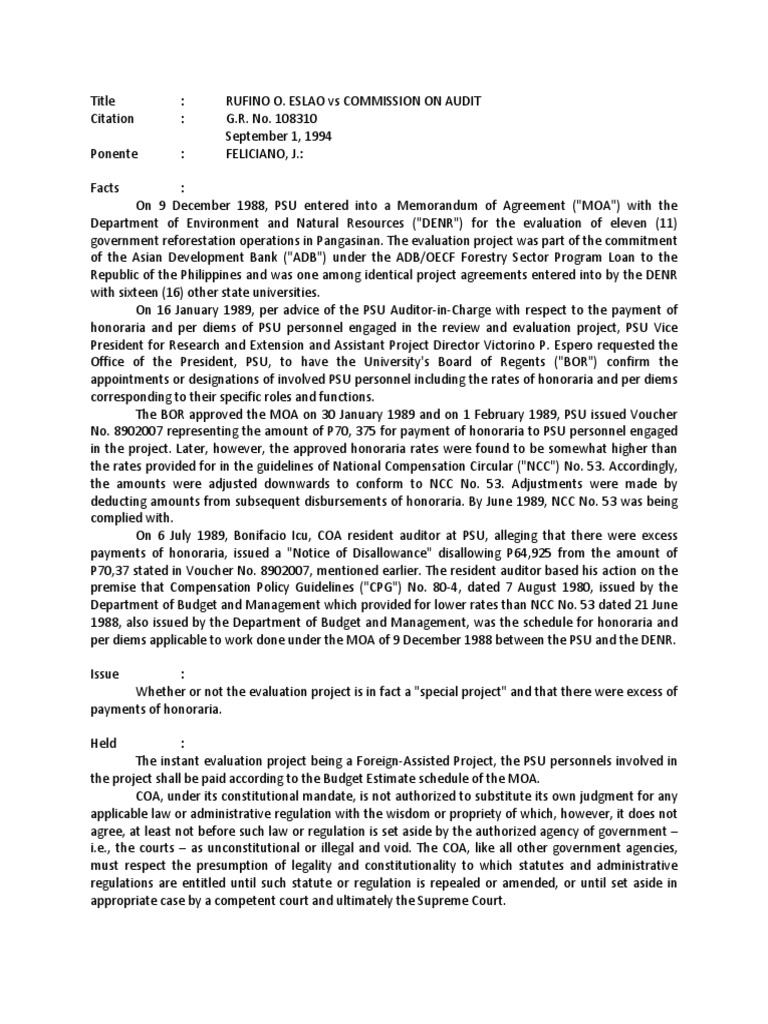Eslao Vs COA Case Digest | PDF | Asian Development Bank | Government ...