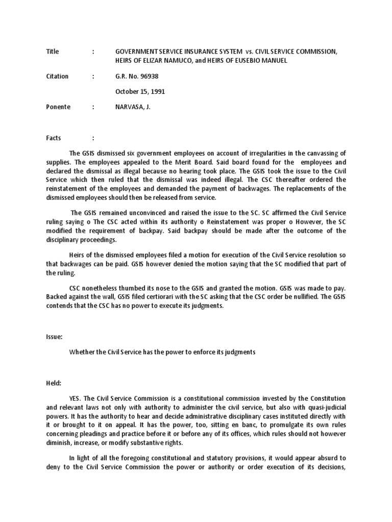 GSIS Vs CSC Case Digest | PDF | Judgment (Law) | Public Law