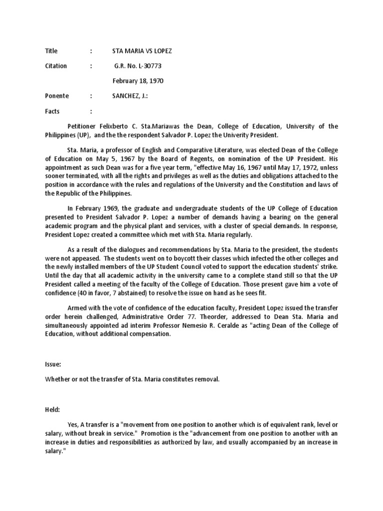 Sta. Maria vs. Lopez: Dean's Transfer Case | PDF | Dean (Education ...