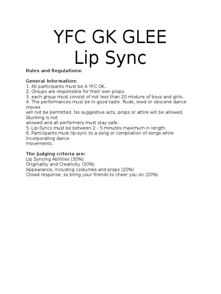 Yfc GK Glee Lip Sync: Rules and Regulations: General Information | PDF