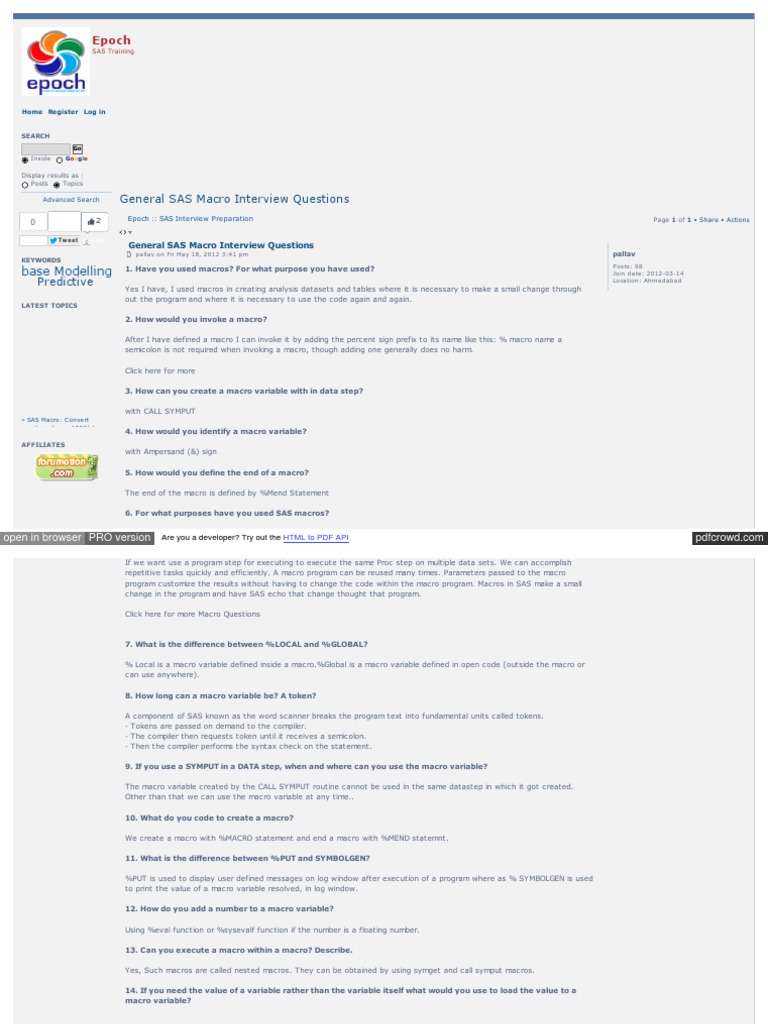 Epoch Forumotions in t67 General Sas Macro Interview Questio | PDF | Sas (Software) | Parameter ...