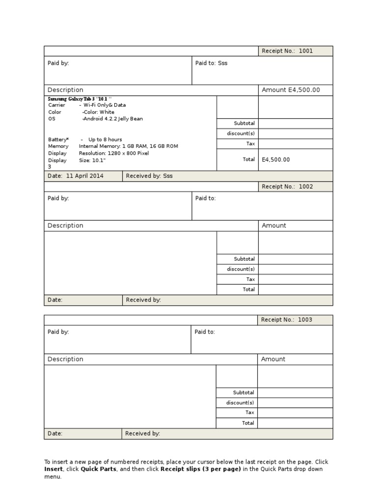 Samsung Galaxy Tab 3 Purchase Receipt | PDF
