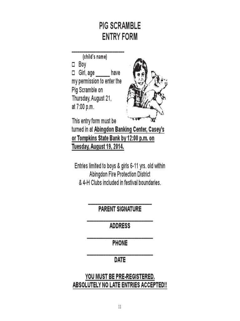 Pig Scramble Entry Form: - (Child's Name) | PDF