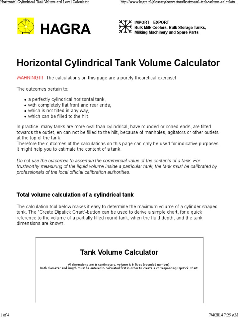 Horizontal Cylindrical Tank Volume and Level Calculator | PDF | Volume ...