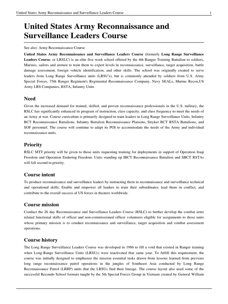 United States Army Reconnaissance and Surveillance Leaders Course | PDF ...
