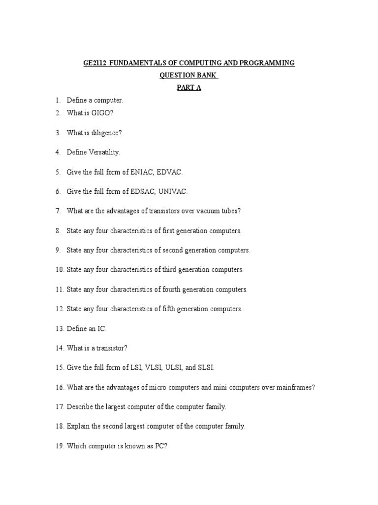 Ge2112 Fundamentals of Computing and Programming Question Bank Part A ...