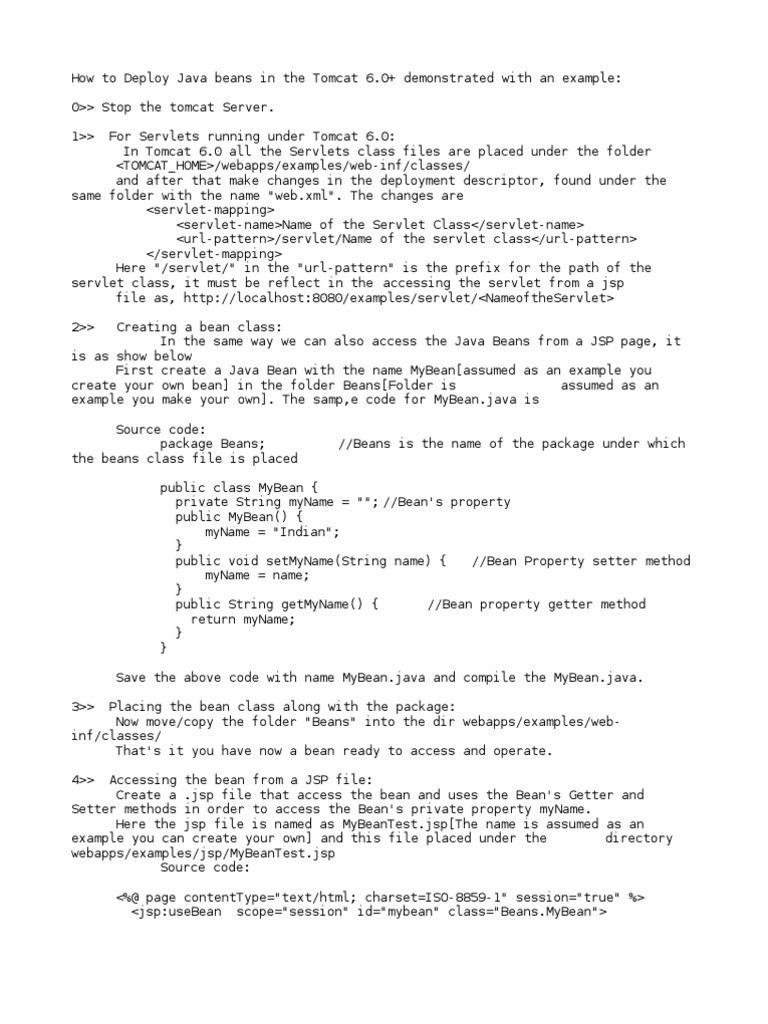 Deploy Java Beans Under Tomcat6.0+ Demonstrated With Example | PDF | Java Servlet | Java ...