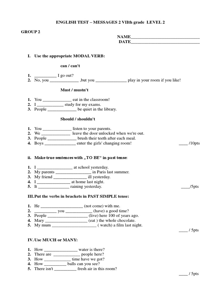 English Test for 7th Grade Level 2 | PDF