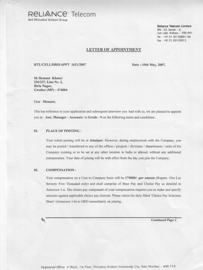Reliance Offer Letter | Download Free PDF | Patent | Ethical Principles