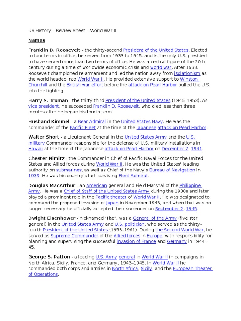 US History - Review Sheet - WWII | PDF | Attack On Pearl Harbor | World ...