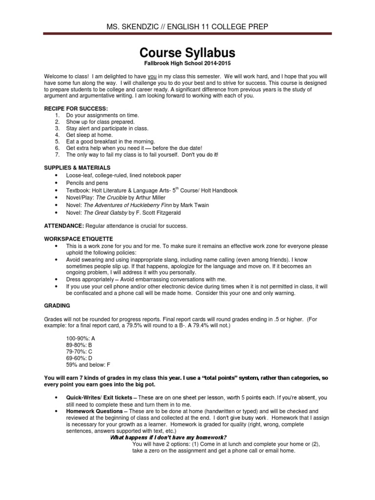 English 11 College Prep Syllabus | PDF | Homework | Plagiarism