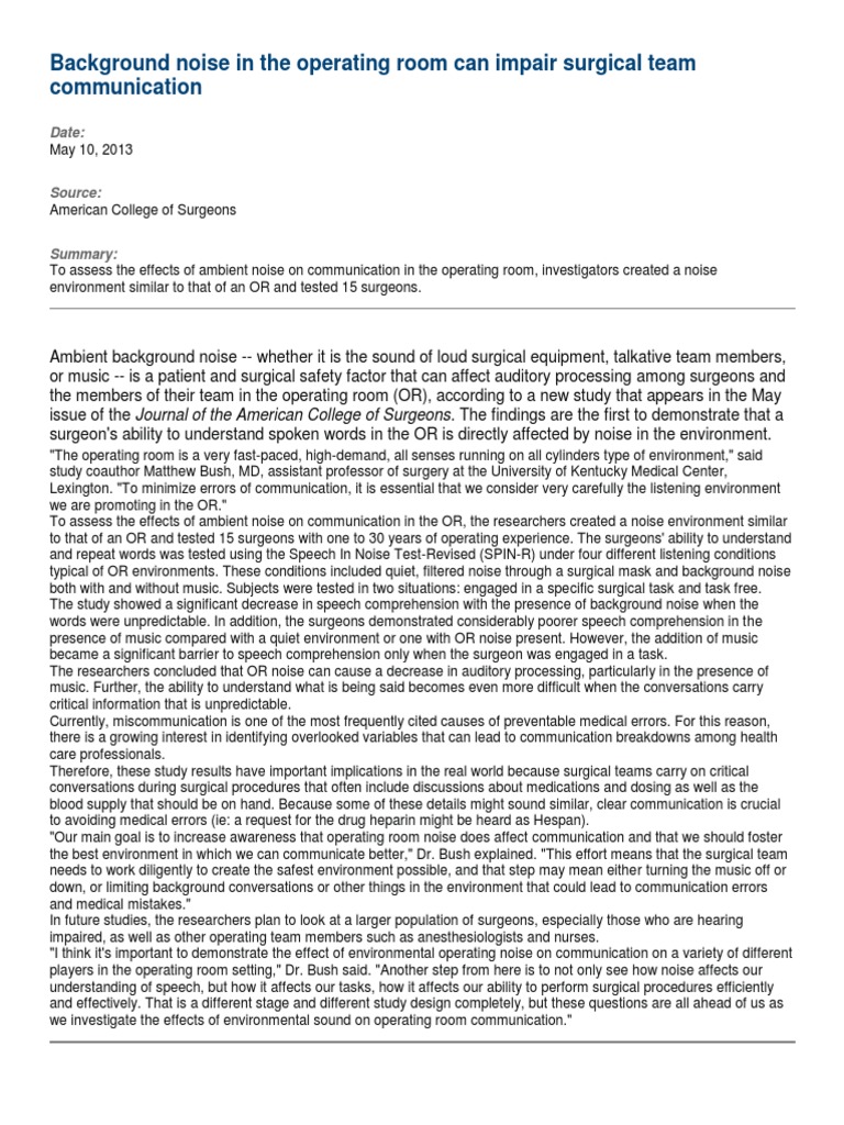 Background Noise in The Operating Room Can Impair Surgical Team ...