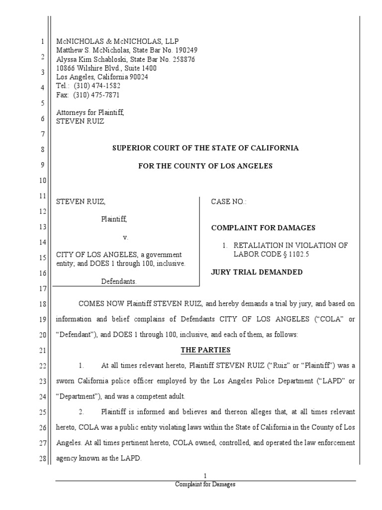 Ruiz Lawsuit Against The LAPD | PDF | Damages | Los Angeles Police ...