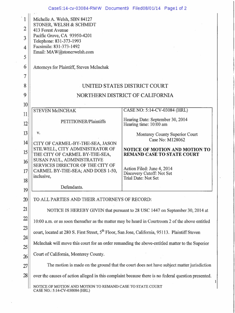 Mcinchak Notice of Motion and Motion To Remand Case To State Court | PDF | Pleading | Law Of The ...