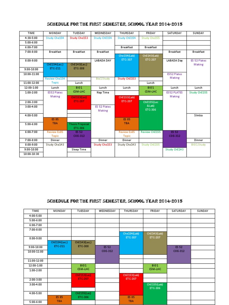 First Semester 2014-2015 Schedule | PDF | Wellness