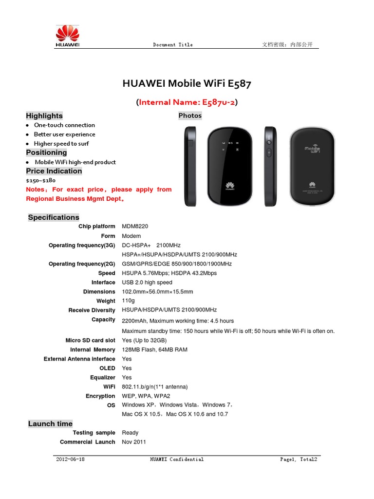 Huawei Mobile Wifi E587: Internal Name: E587U-2 | PDF
