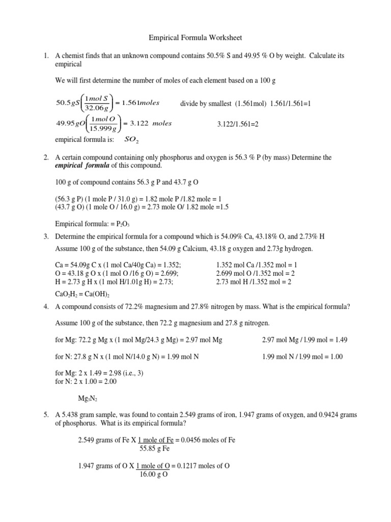 Empirical Formula Worksheet | Mole (Unit) | Oxygen