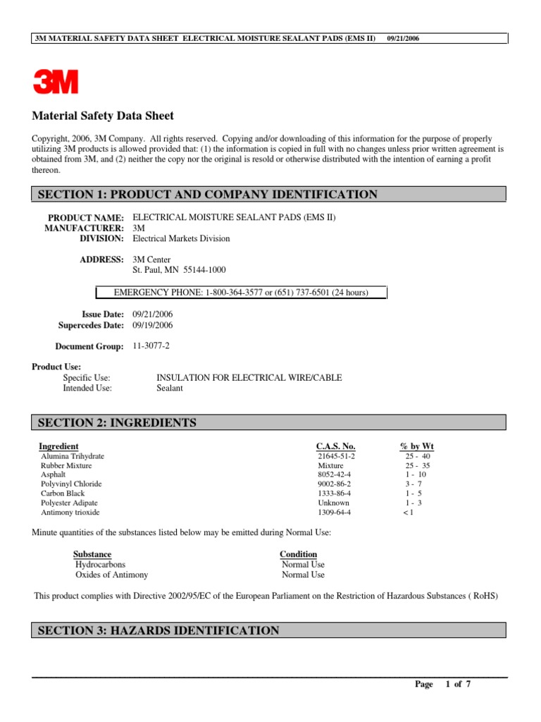 3M Material Safety Data Sheet Electrical Moisture Sealant Pads (Ems Ii ...