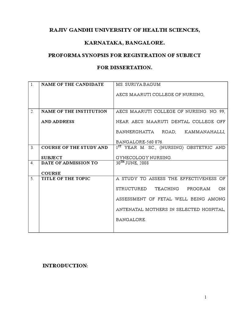 Proforma Synopsis For Registration of Subject | PDF | Infant Mortality ...