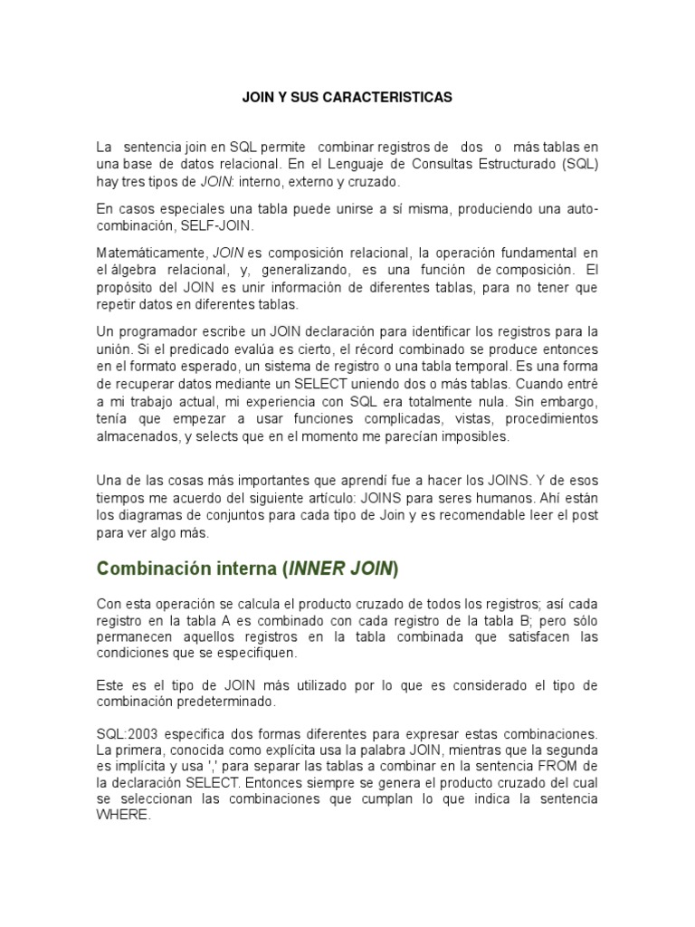 Join y Sus Caracteristicas | PDF | SQL | Tabla (base de datos)