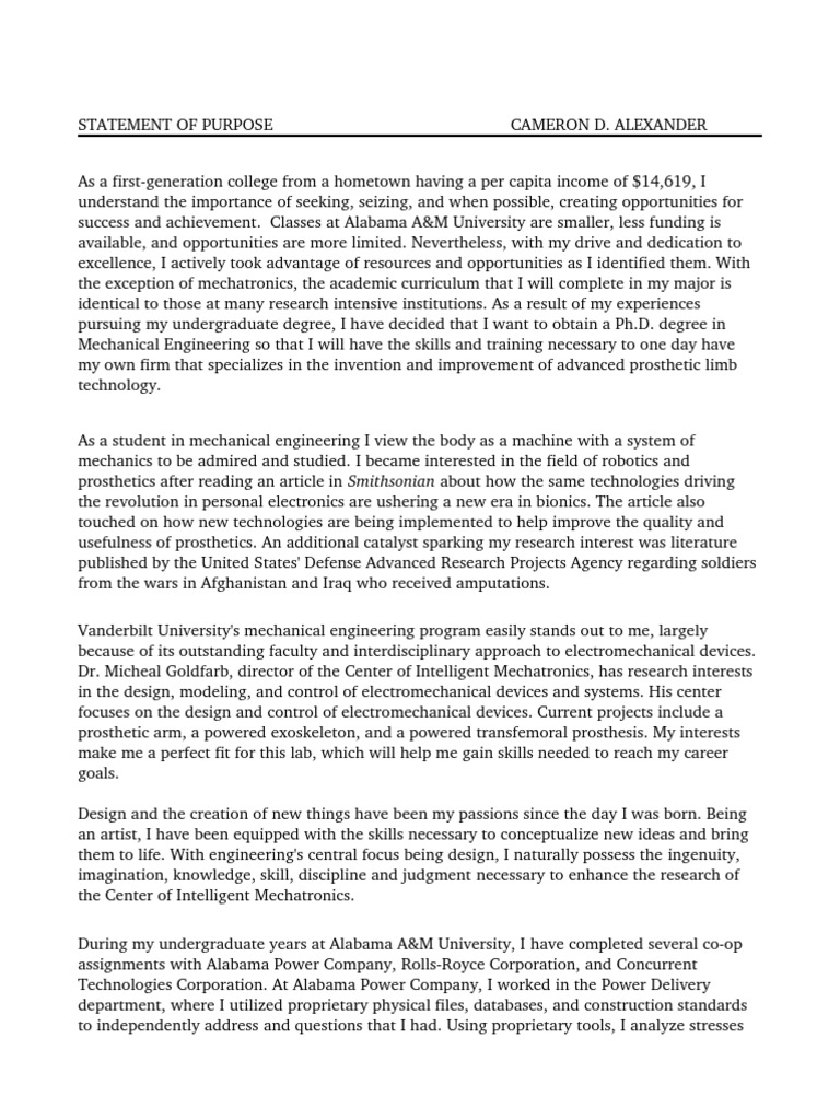 Personal Statement Draft | PDF | Prosthesis | Engineering