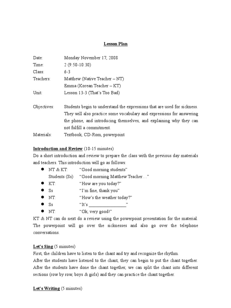 Lesson Plan for Teaching Sickness Vocabulary | PDF | Learning