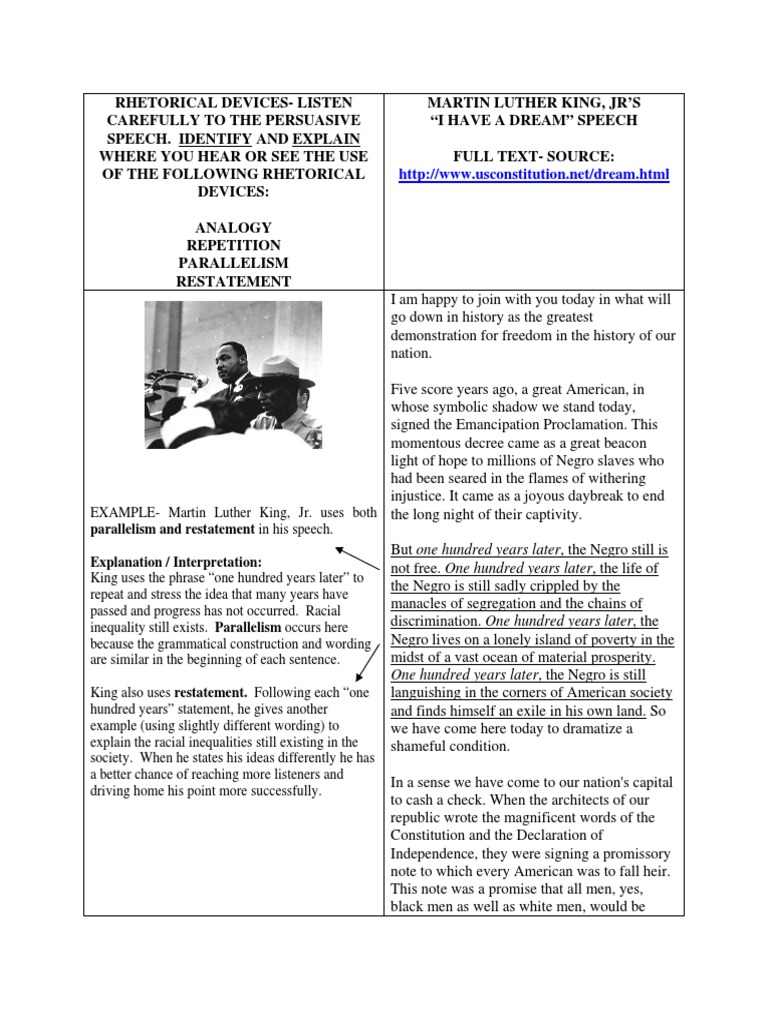 MLK - Dream Speech - Rhetorical Devices Practice | Download Free PDF ...