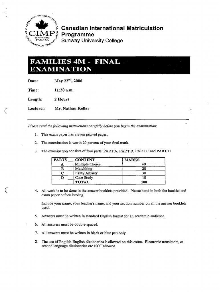 Families 4M - Final Examination: Canadian International Matriculation ...