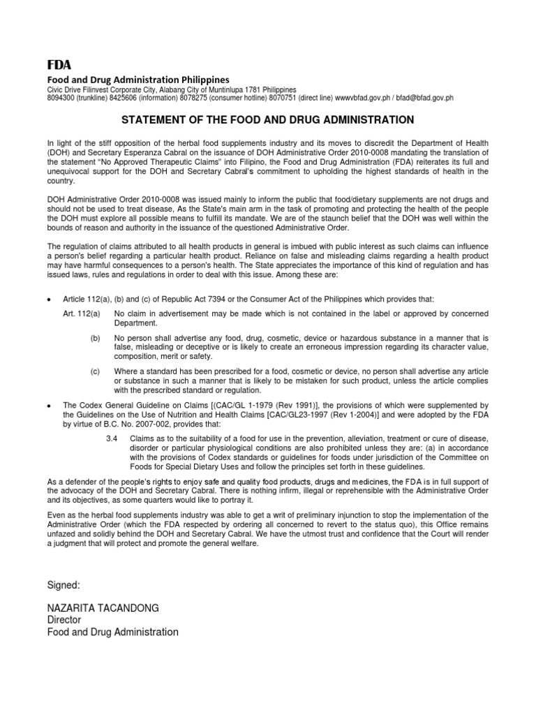 FDA Statement To Ao-2010-0008 | Download Free PDF | Food And Drug ...