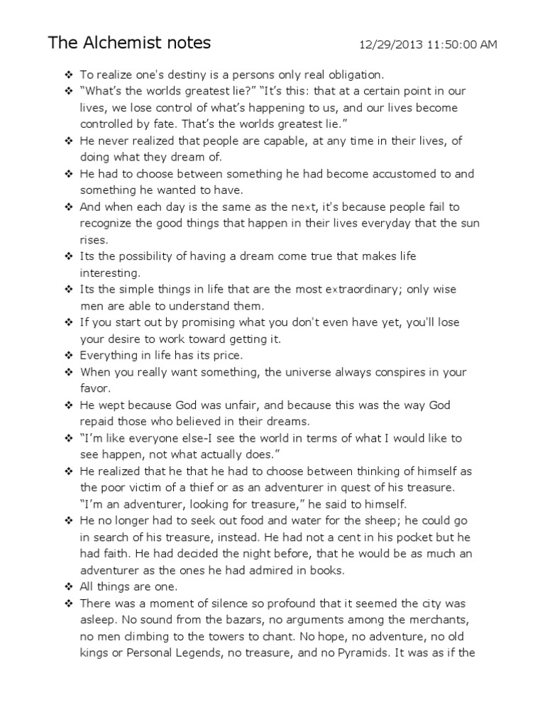 The Alchemist Notes and Quotes | PDF | Philosophy | Self-Improvement