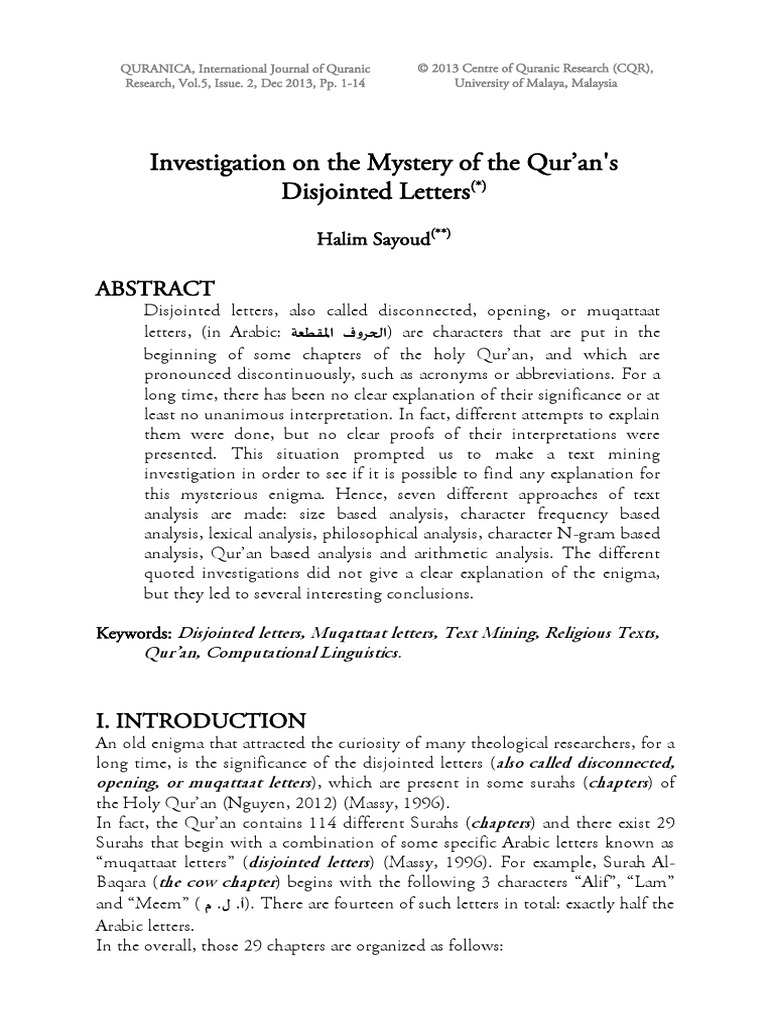 Investigation On The Mystery of The Qur'an's Disjointed Letters | PDF ...