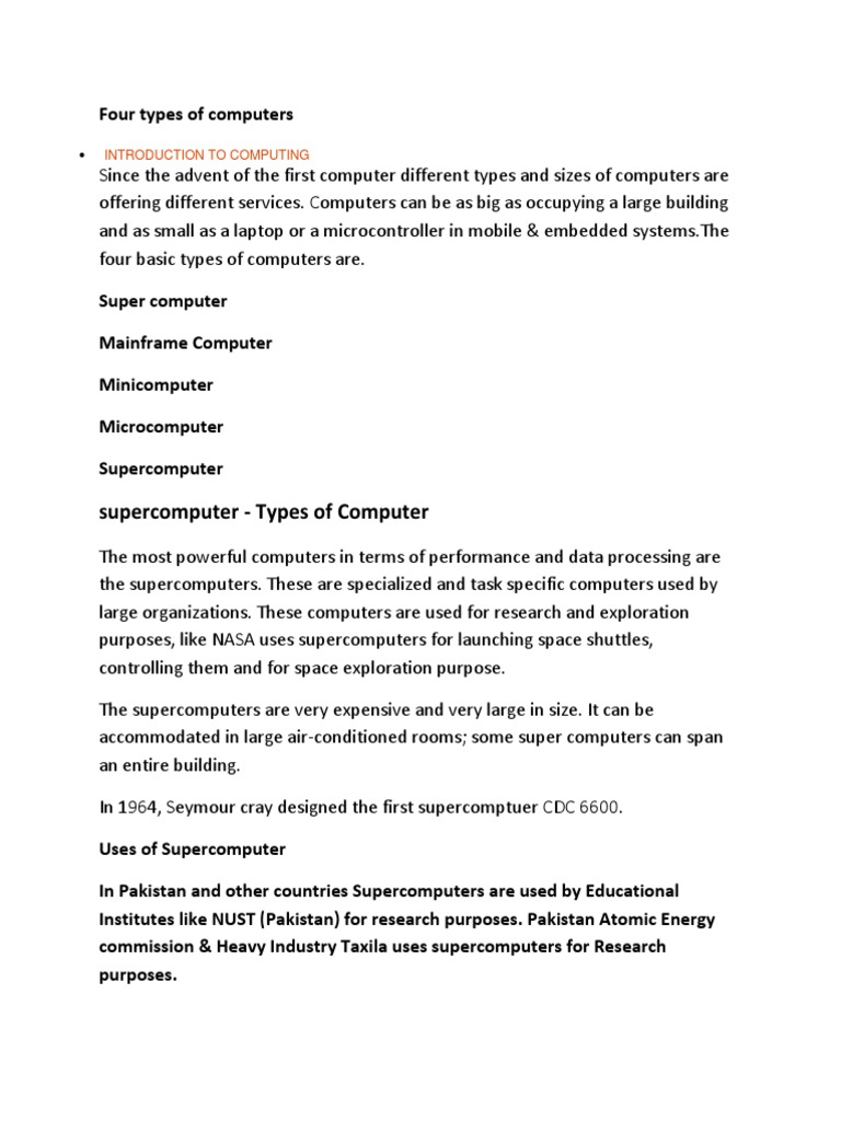 Four Types of Computers | PDF | Supercomputer | Integrated Circuit
