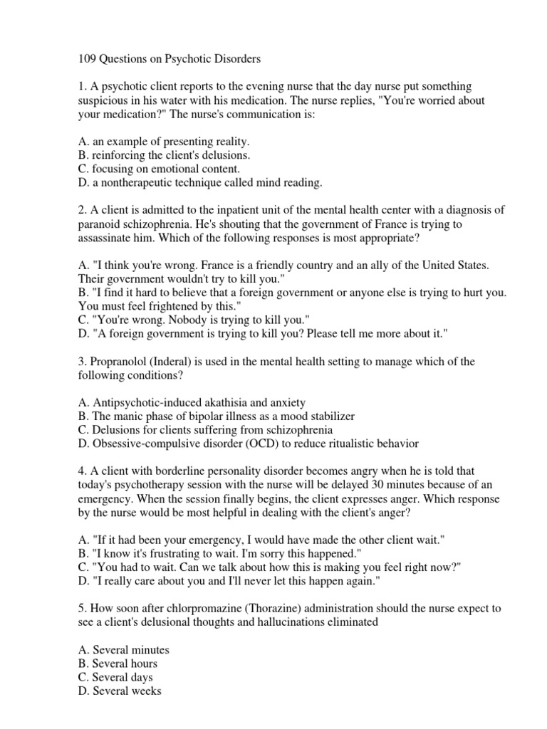 109 Questions On Psychotic Disorders | PDF | Schizophrenia | Antipsychotic