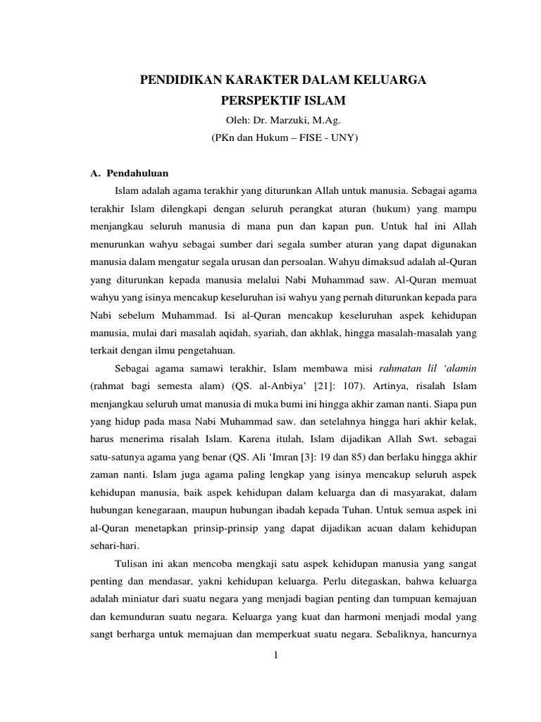 DR Marzuki Mag Pendidikan Karakter Dalam Keluarga Perspektif Islam | PDF
