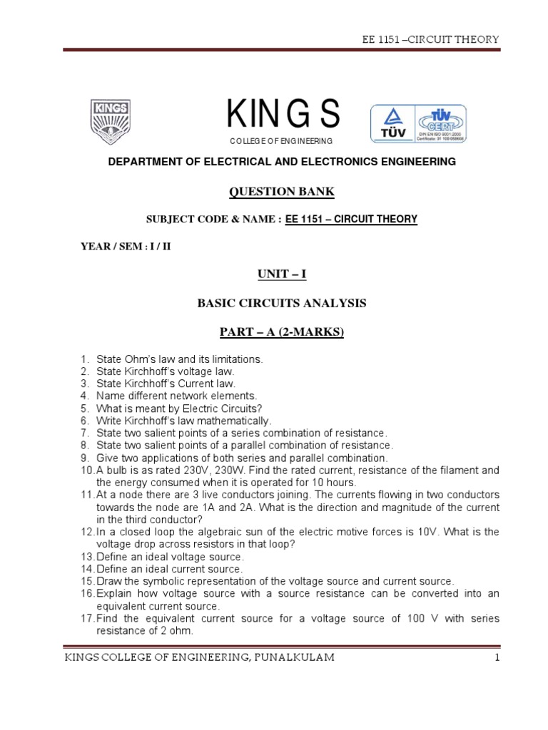 Ee-1151-Circuit Theory | PDF | Series And Parallel Circuits ...