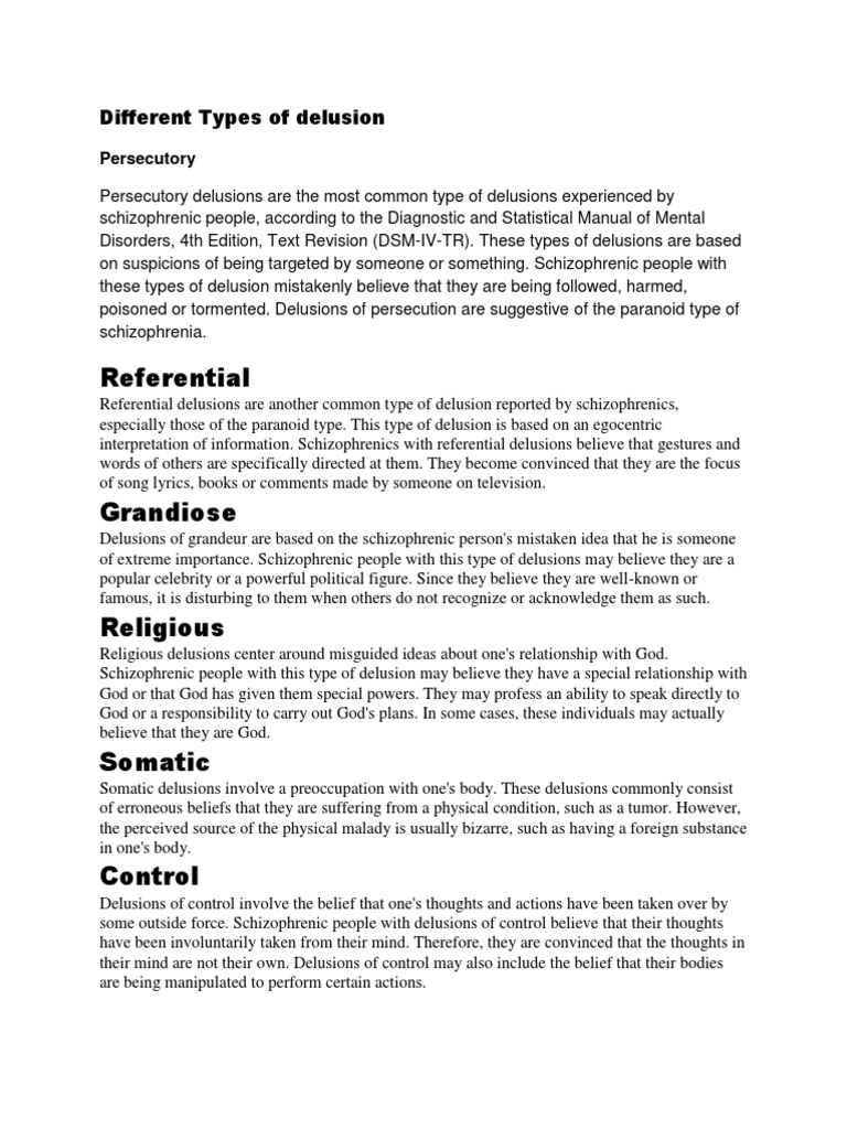 Types of Delusions in Schizophrenia | PDF | Hallucination | Delusion