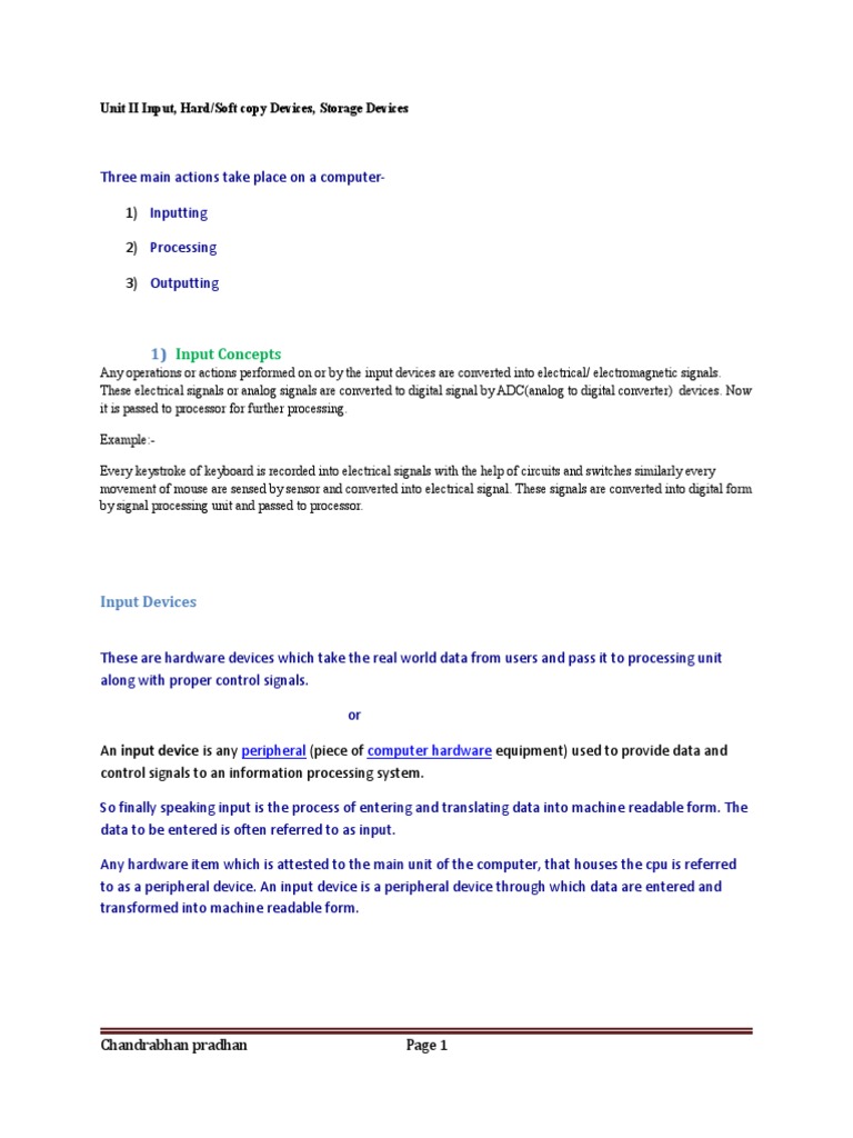Input Concepts: Unit II Input, Hard/Soft Copy Devices, Storage Devices ...