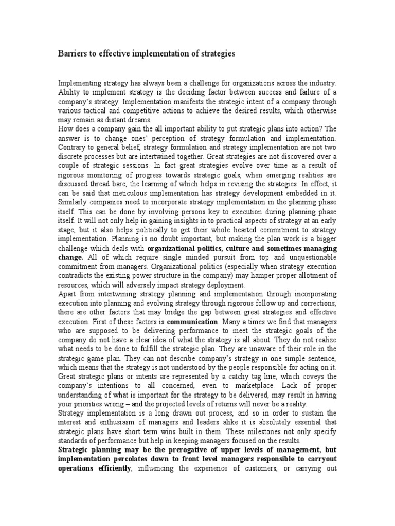 Barriers To Effective Implementation of Strategies | PDF | Strategic ...