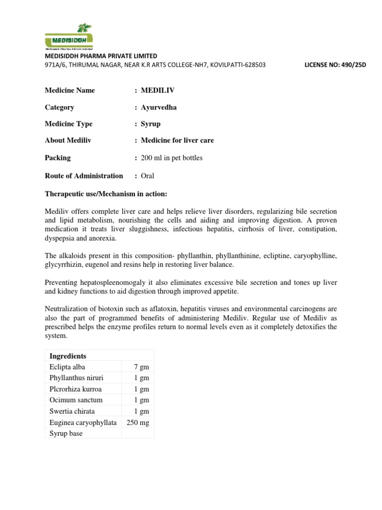 Mediliv Syrup | PDF | Liver | Hepatitis