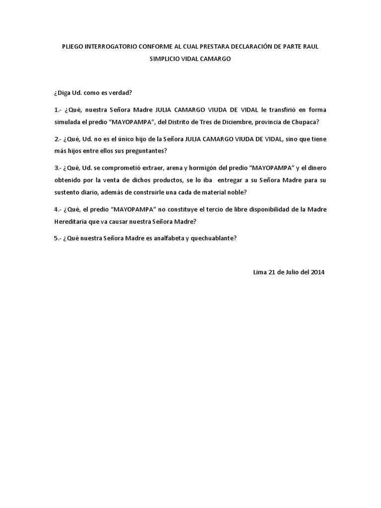 Pliego Interrogatorio Conforme Al Cual Prestara Declaración de Parte ...